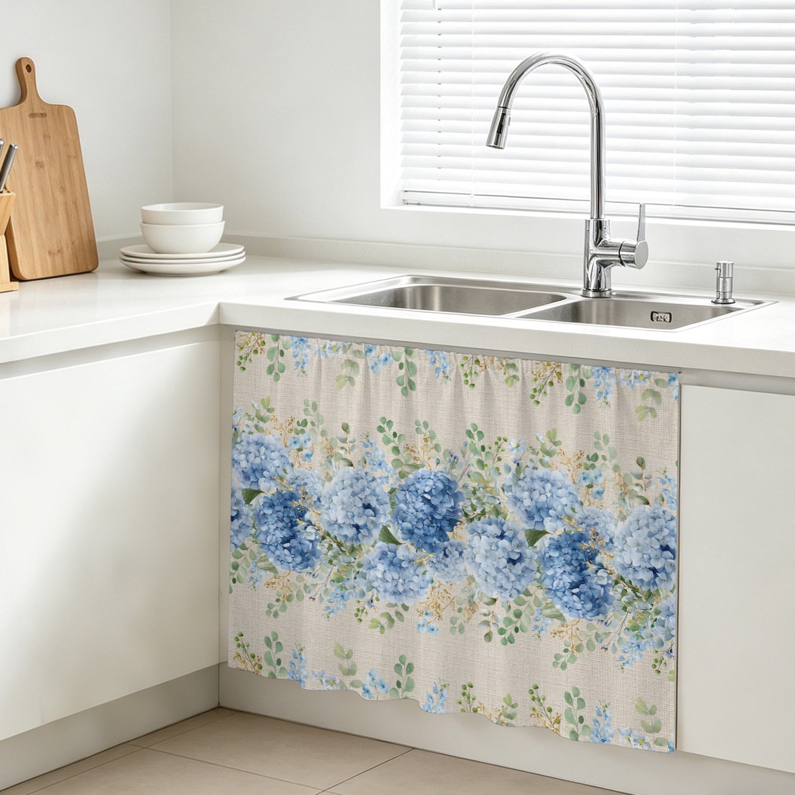 Blue Flower Cabinet Curtain, Summer Country Hydrangea Floral Linen ...