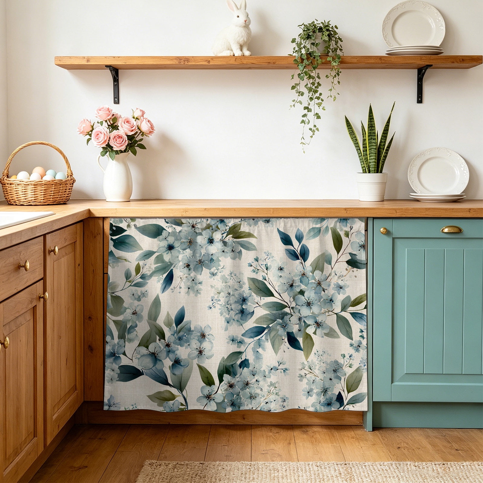 Blue Flower Cabinet Curtains 11" W x 13" L Watercolor Spring Blue ...