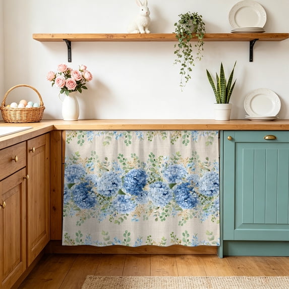 Blue Flower Cabinet Curtains 28" W x 35" L Summer Country Hydrangea ...