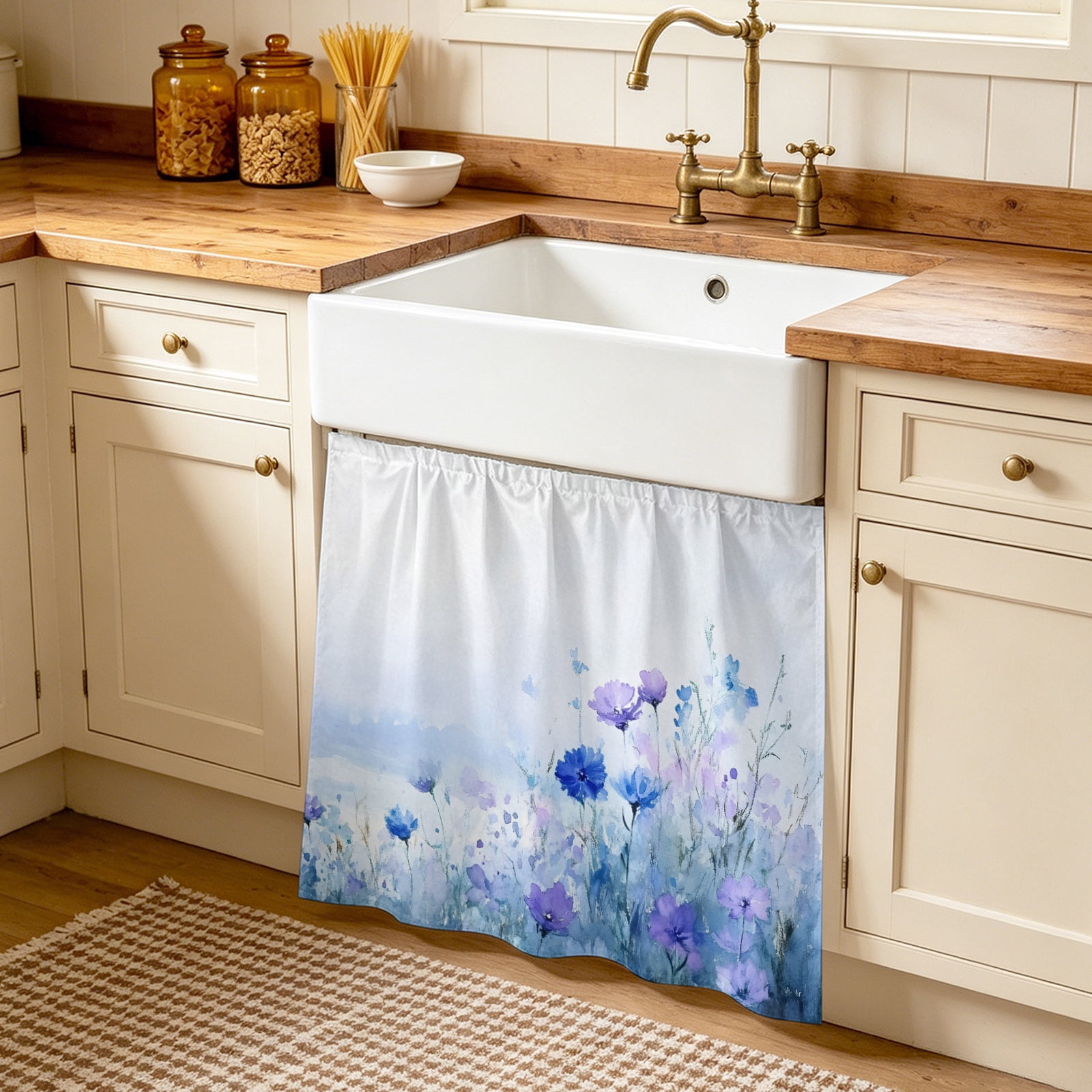 Blue Flower Cabinet Curtains 35"W x 35"L, Modern Pastoral Watercolor ...