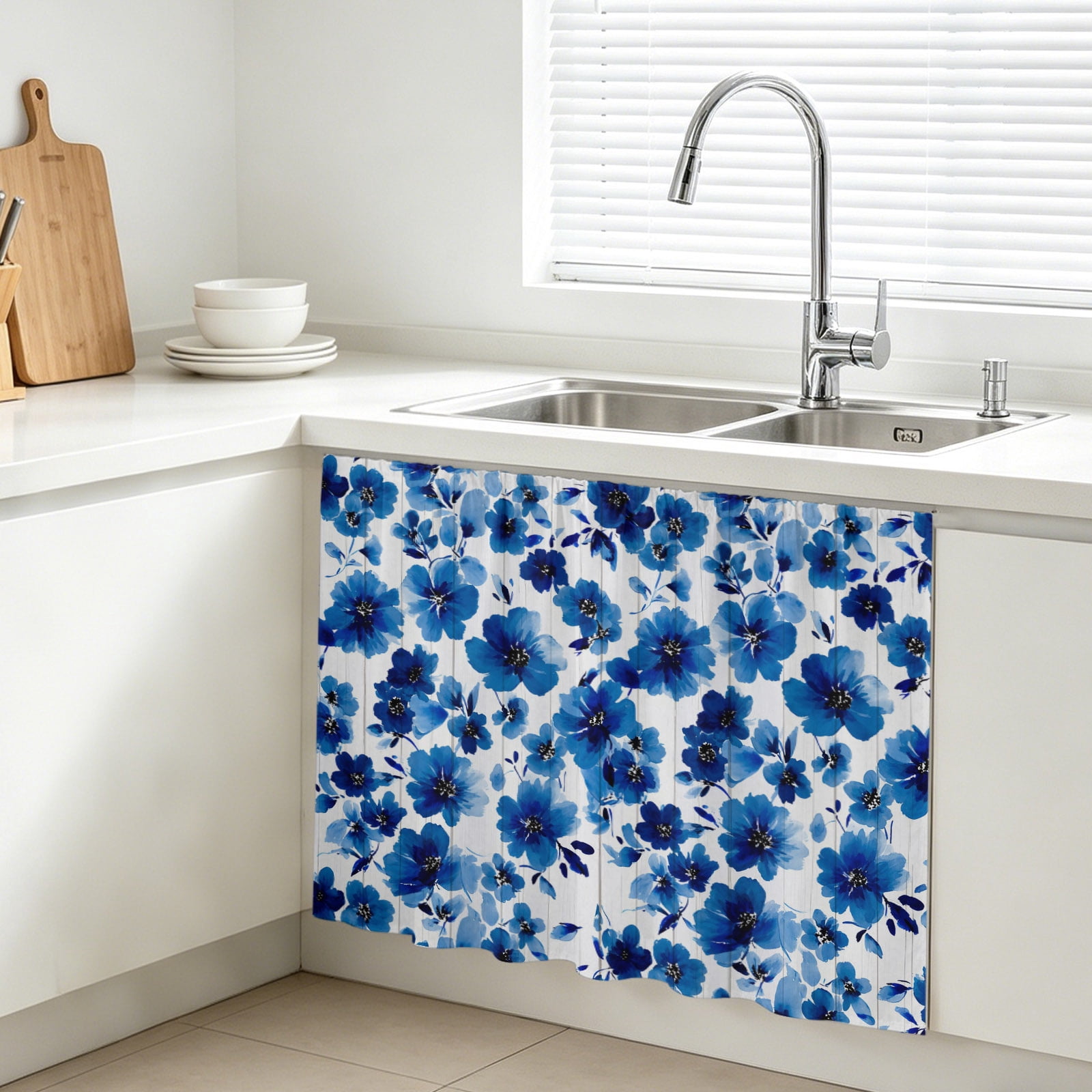 Blue Flower Cabinet Curtains for Kitchen 10"W x 11"L, Watercolor Floral ...