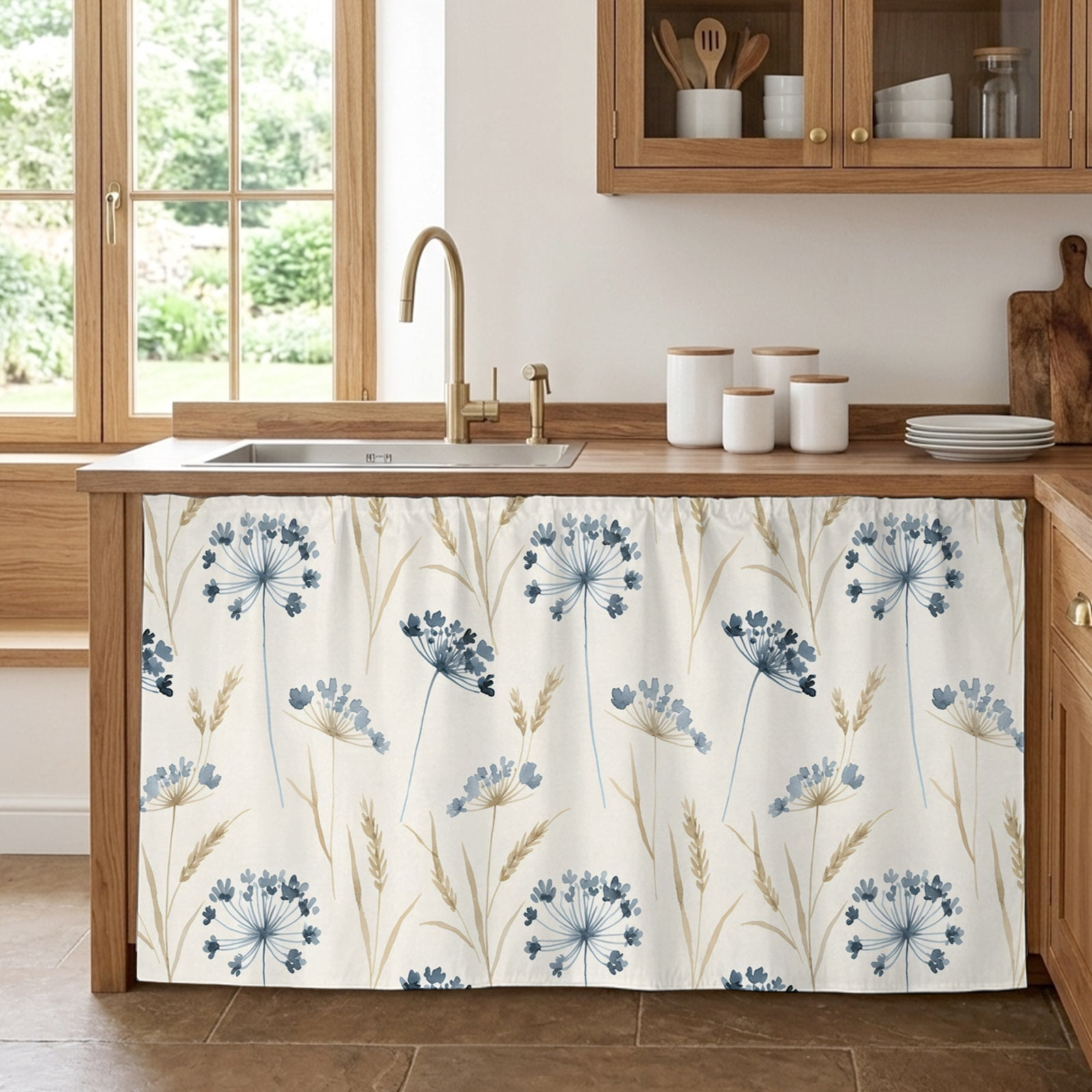 Blue Flower Cabinet Curtains for Kitchen 28"W x 51"L, Gold Wheat ...