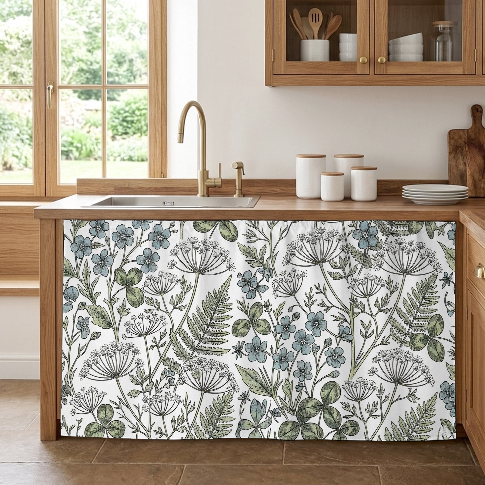 Blue Flower Cabinet Curtains for Kitchen 28"W x 51"L, Green Leaf Spring ...