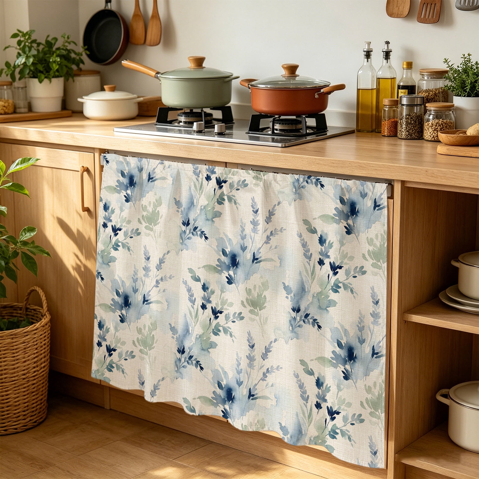 Blue Flower Cabinet Curtains for Kitchen 35"W x 35"L, Summer Country ...