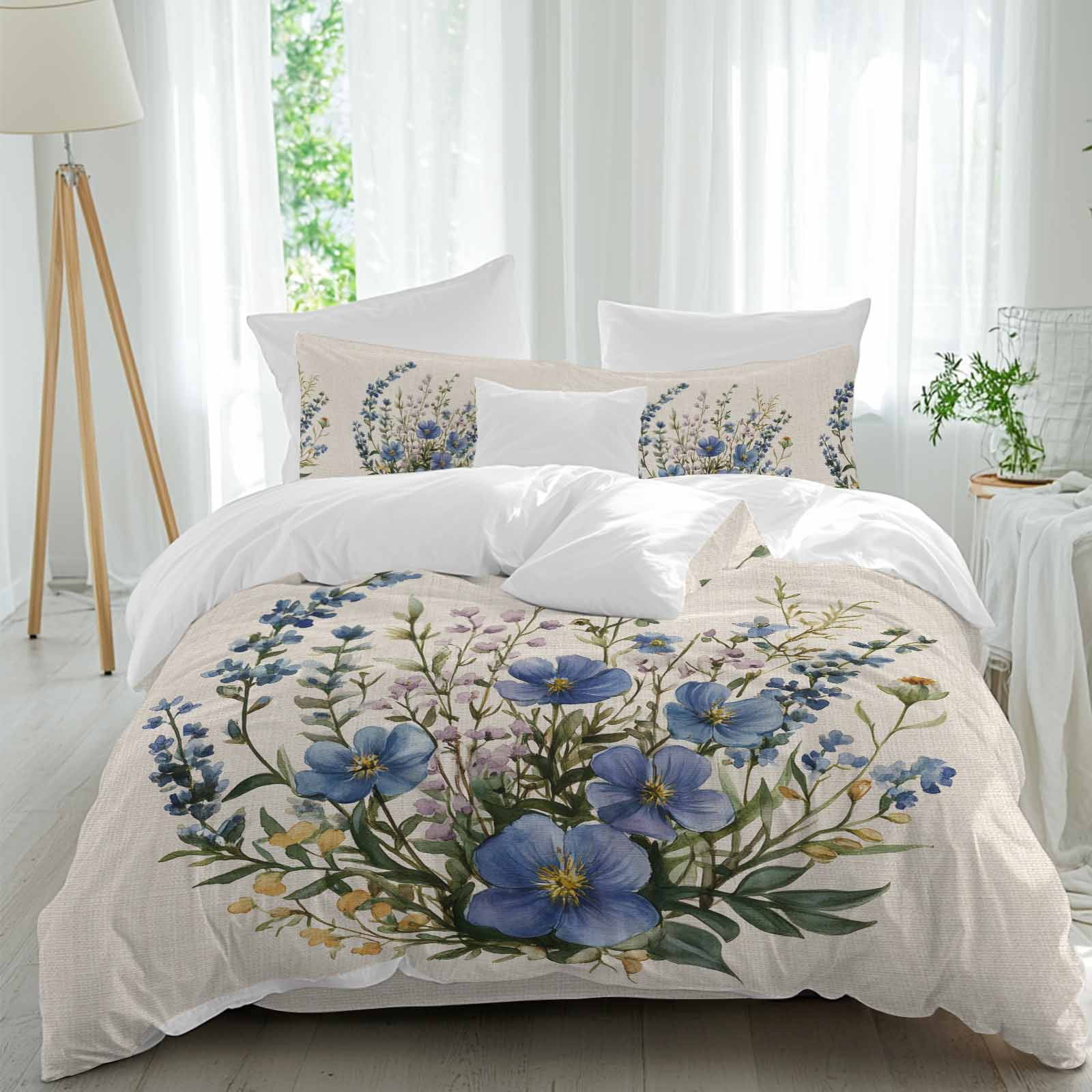 Blue Flower California King Duvet Cover Set, Spring Floral Leaf Plant ...