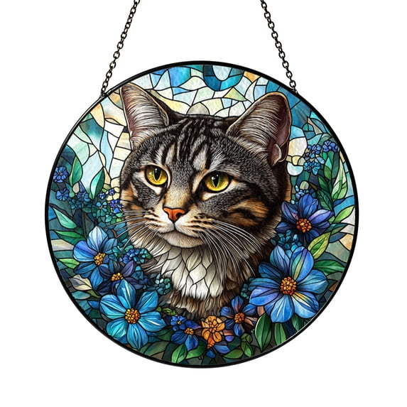 Blue Flower Cat Glass Style Window Hanging - Walmart.com