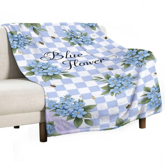 Blue Flower Checkered Bees Blanket for Bed Throw Blanket for Women, Men ...