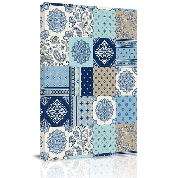 Blue Flower Checkered Canvas Wall Art for Living Room, Abstract Retro ...