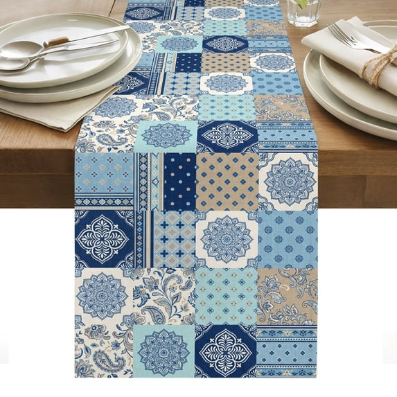 Blue Flower Checkered Cotton Linen Table Runner Abstract Retro Pastoral ...