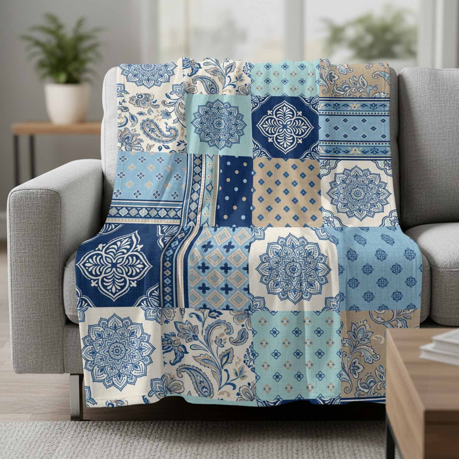 Blue Flower Checkered Fleece Throw Blanket Abstract Retro Pastoral ...
