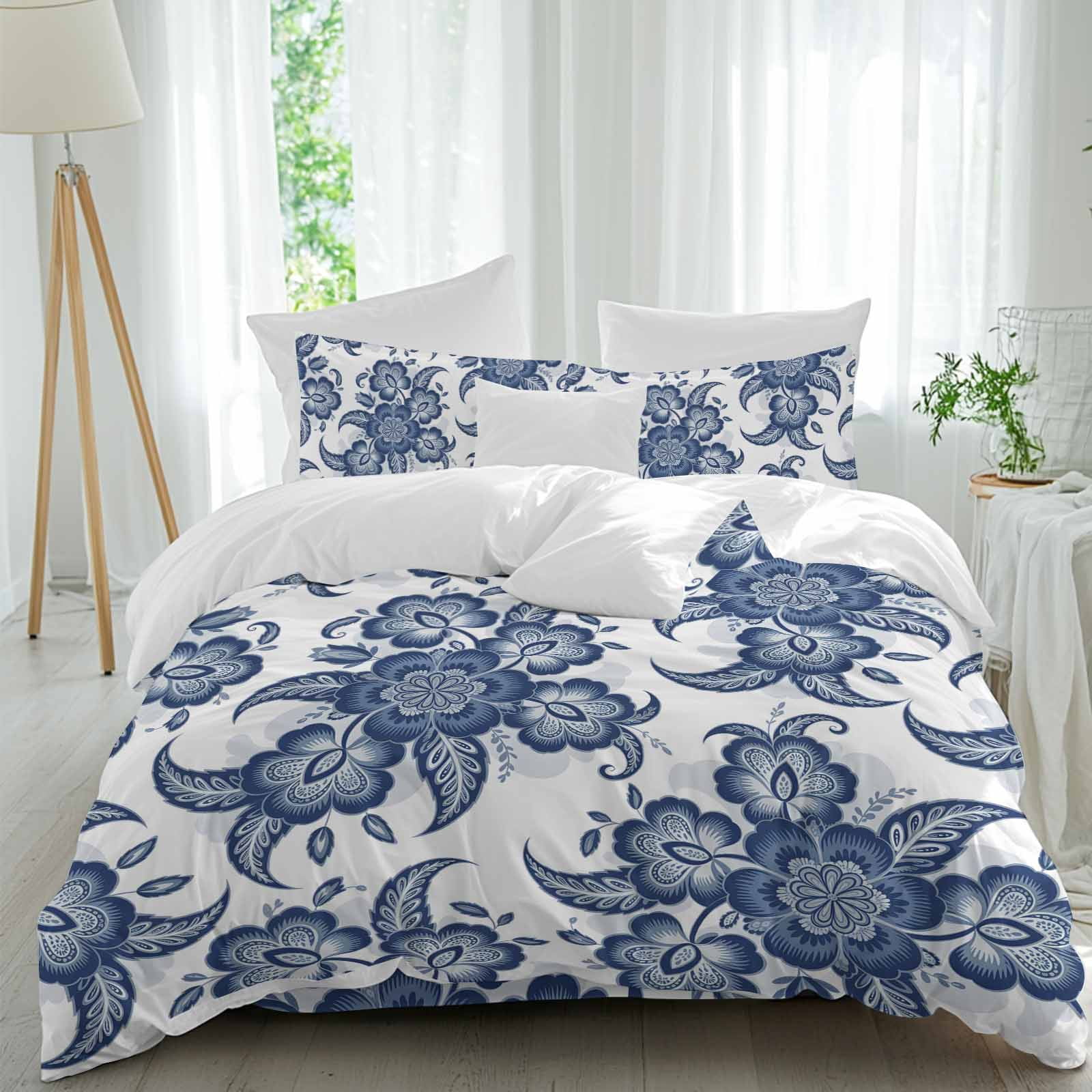 Blue Flower Classic Floral Queen Size Bed Set,Sketch Leaf Art Bedding ...