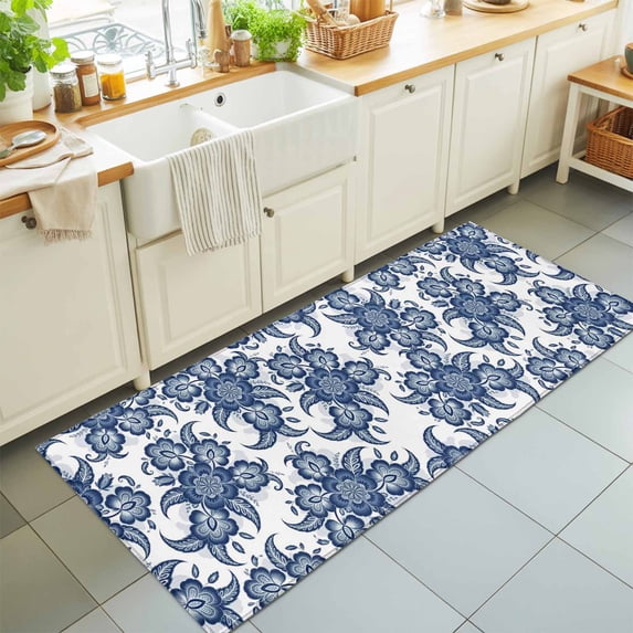 Blue Flower Classic Floral Rectangle Rug 2'x6' Sketch Leaf Art Washable ...