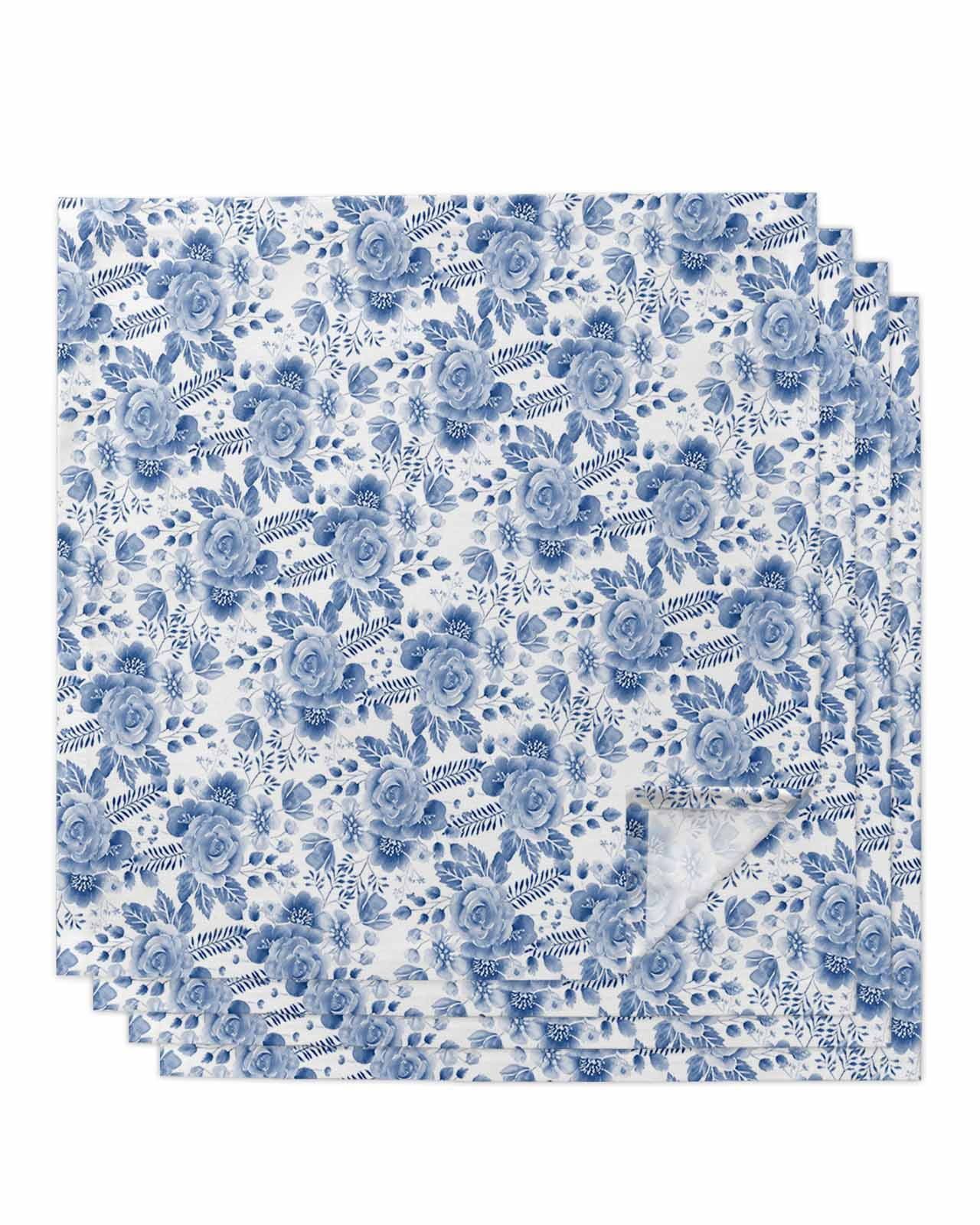 Blue Flower Cloth Napkins Set of 4 Reusable Dinner Napkins, Botanical ...