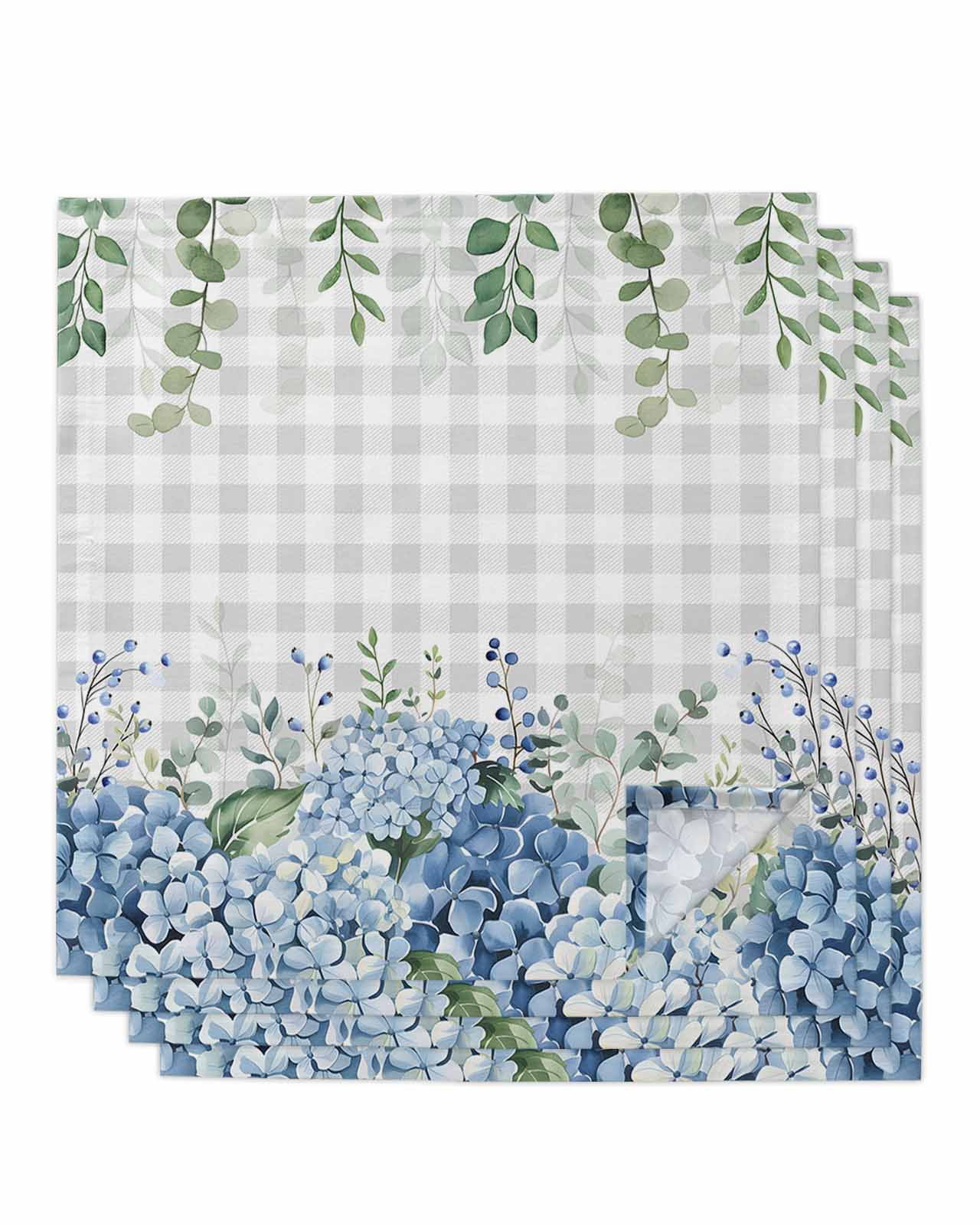 Blue Flower Cloth Napkins Set of 4 Reusable Dinner Napkins, Grey Plaid ...
