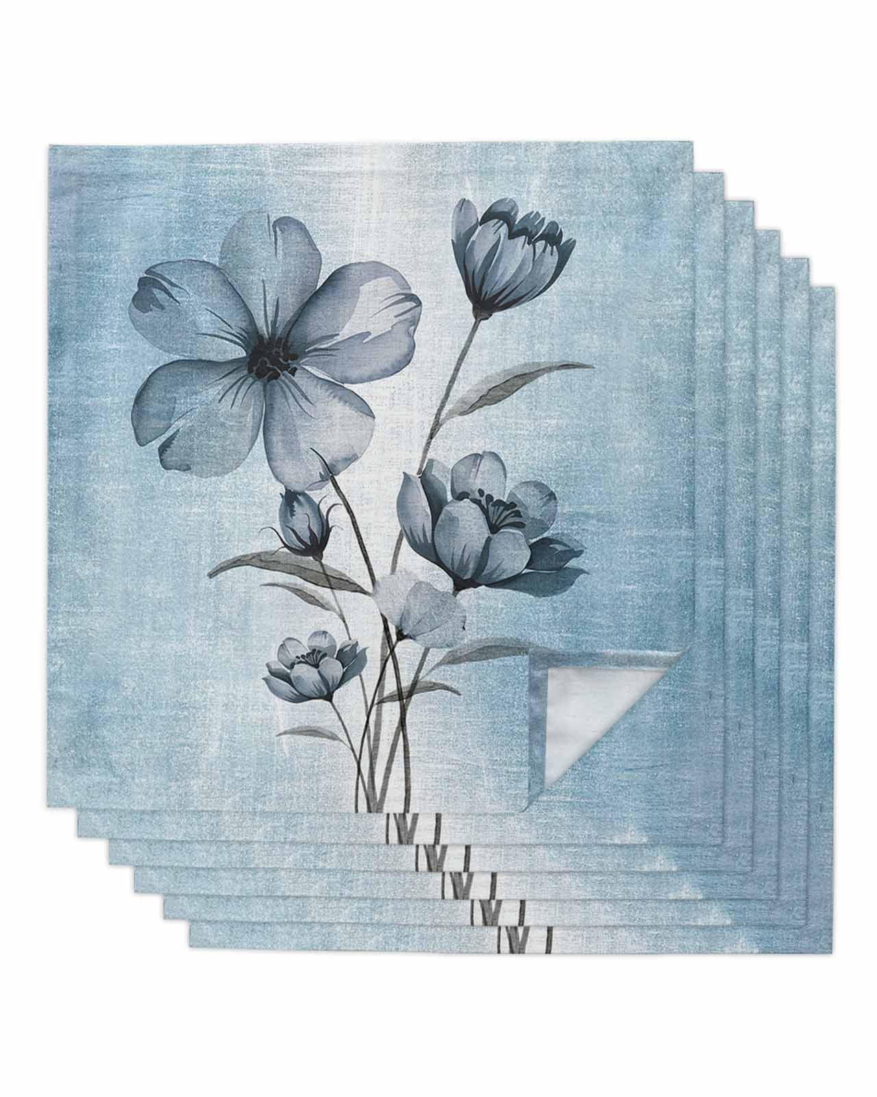 Blue Flower Cloth Napkins Set of 6 Reusable Dinner Napkins, Retro ...