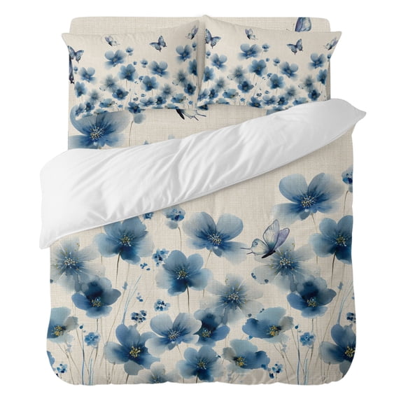 Blue Flower Comforter Set Full Size, Watercolor Spring Blue Floral ...