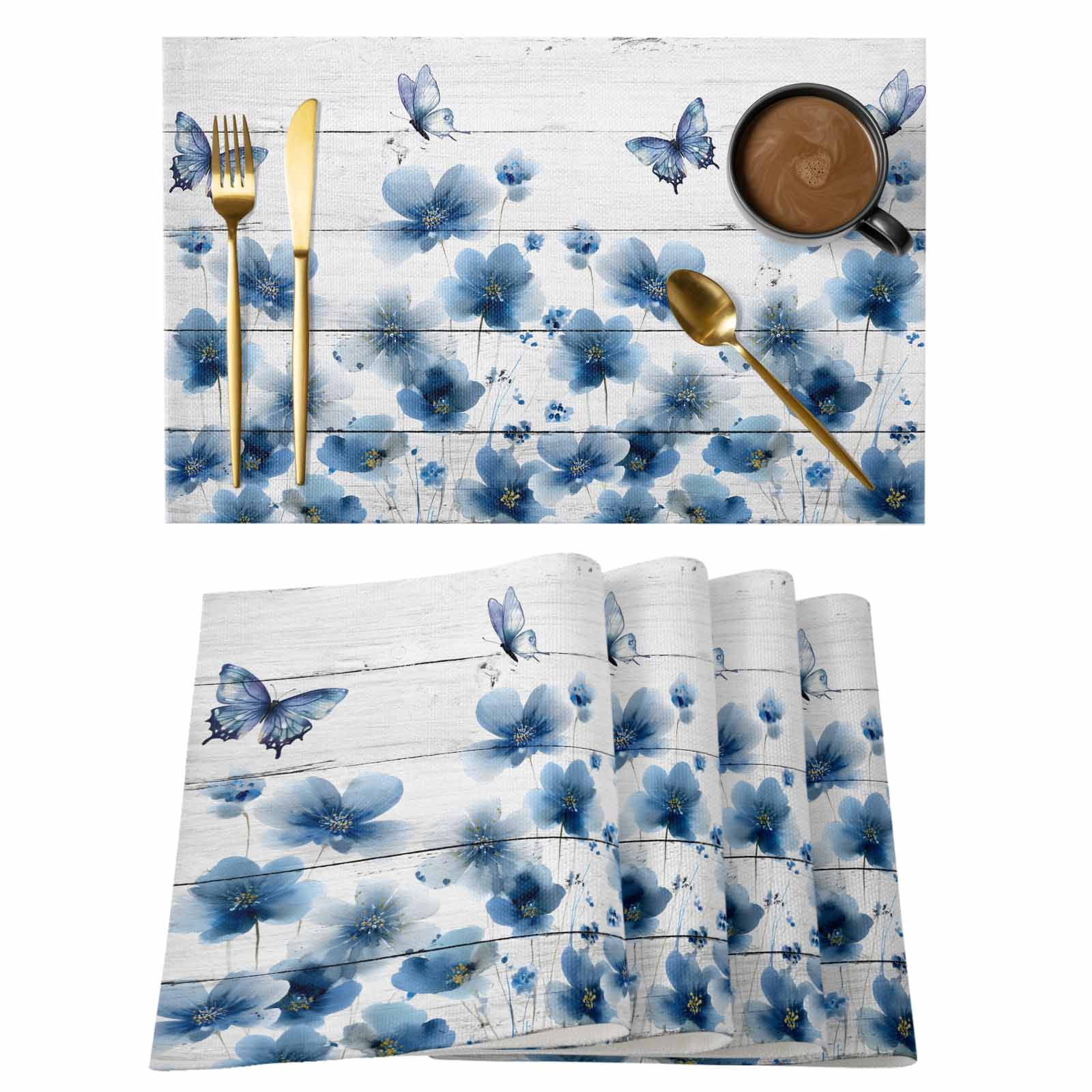 Blue Flower Cotton Linen Placemats Set of 1, Watercolor Spring Blue ...