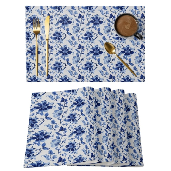 Blue Flower Cotton Linen Placemats Set of 12, Abstract Watercolor ...