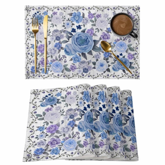 Blue Flower Cotton Linen Placemats Set of 6, Spring Retro Blue Rose ...