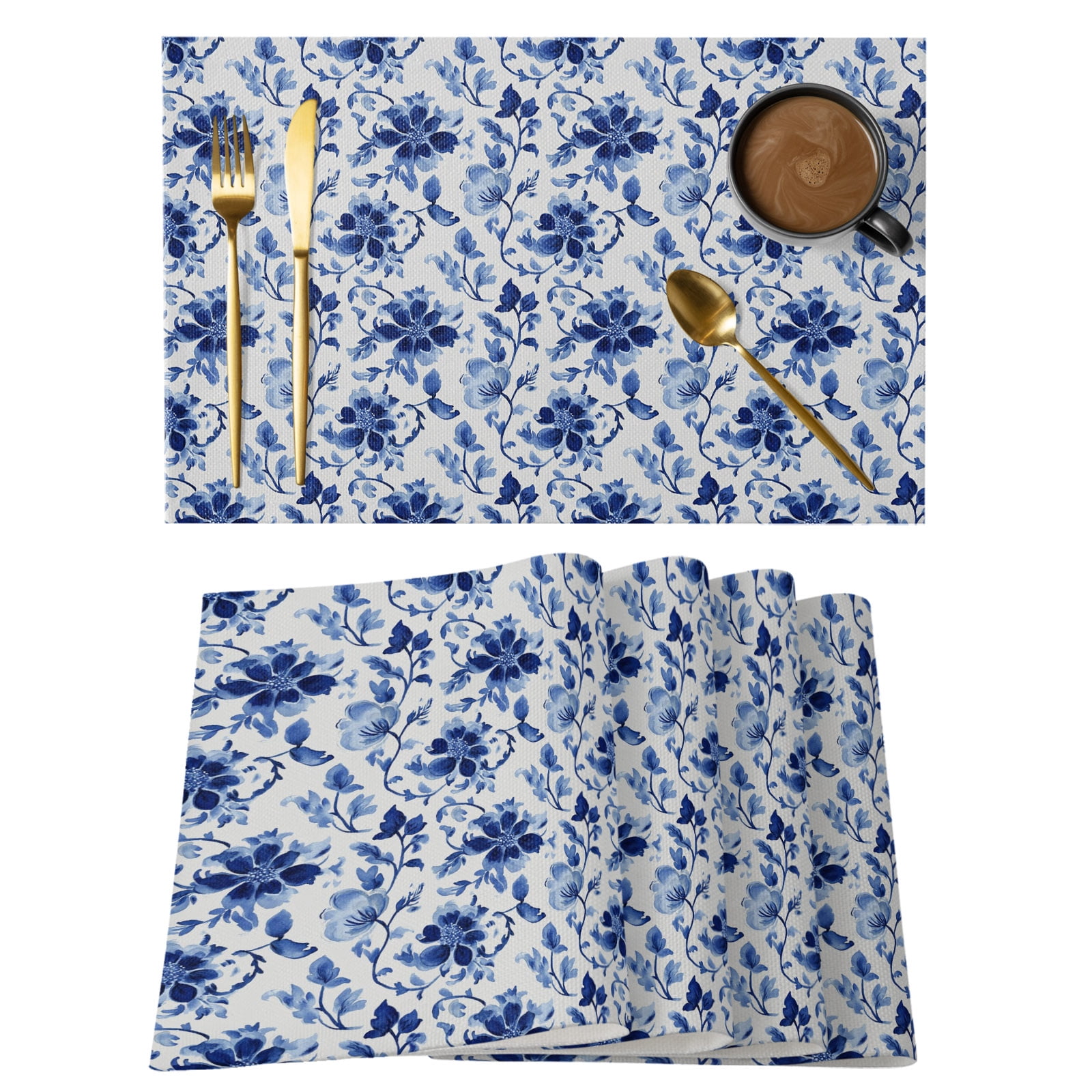 Blue Flower Cotton Linen Placemats Set of 8, Abstract Watercolor ...