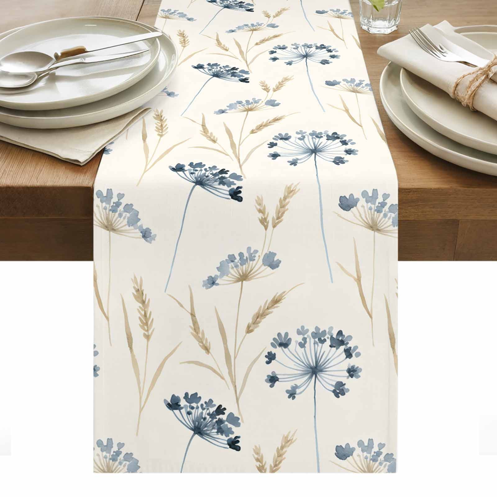 Blue Flower Cotton Linen Table Runner Gold Wheat Country Abstract Plant ...