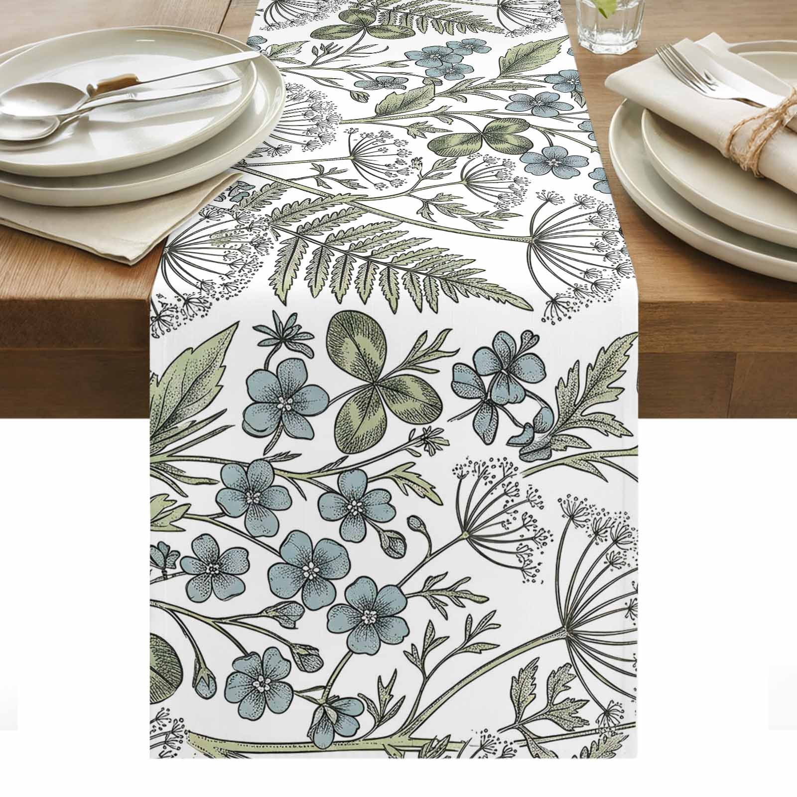 Blue Flower Cotton Linen Table Runner Green Leaf Spring Wildflowers ...