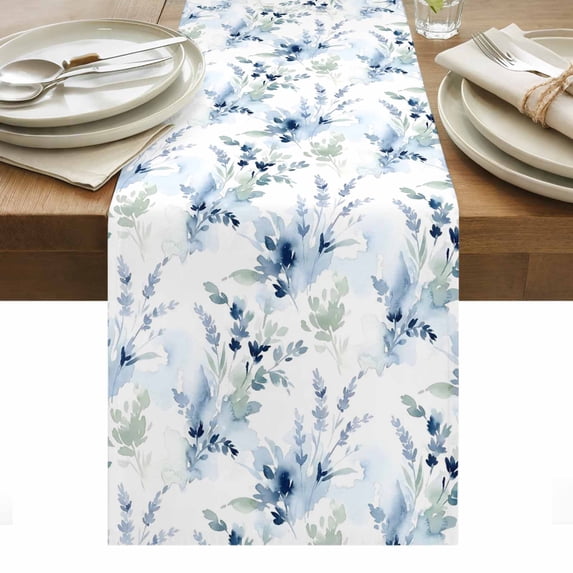 Blue Flower Cotton Linen Table Runner Summer Country Blue Lavender ...