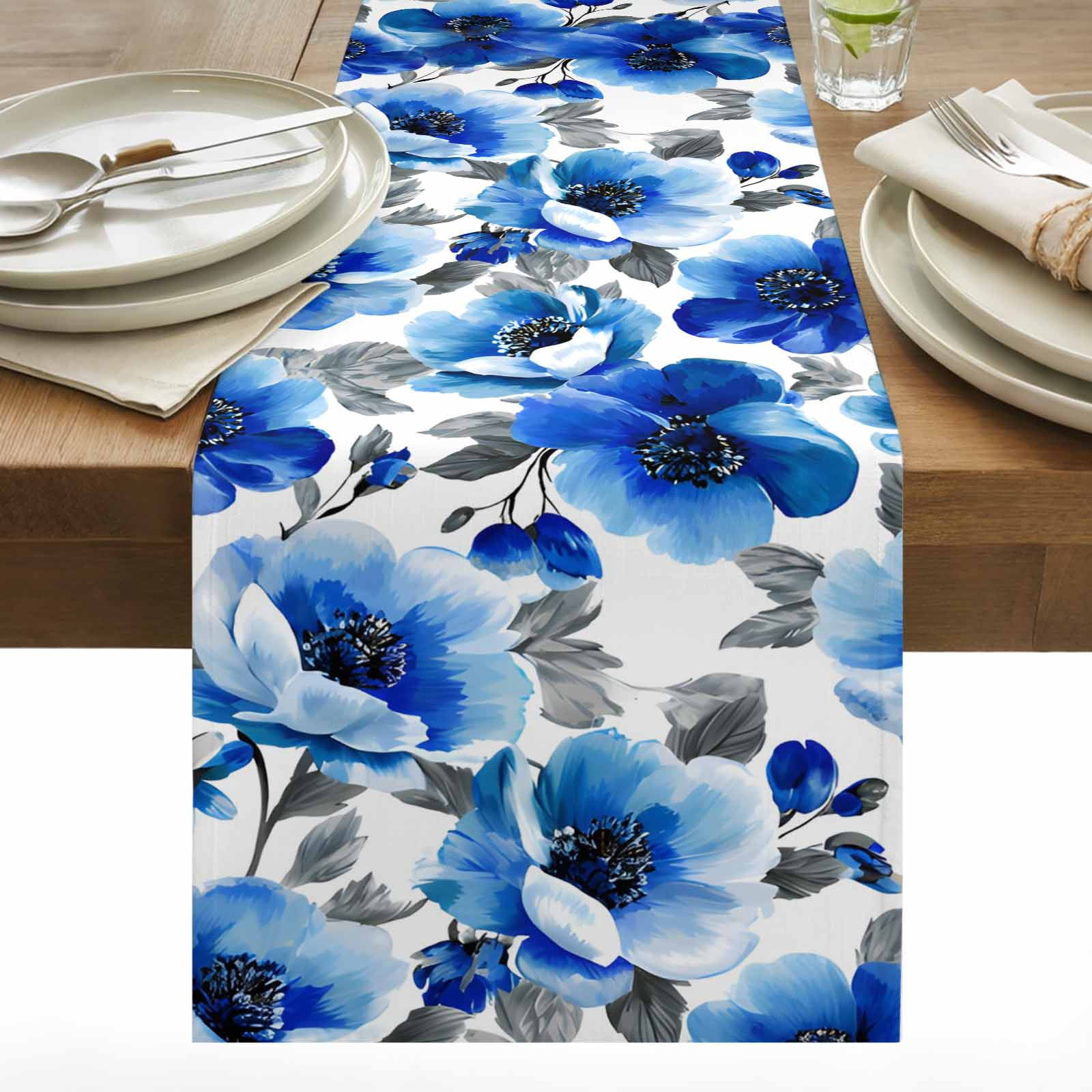 Blue Flower Cotton Linen Table Runner Watercolor Gradient Blue White ...