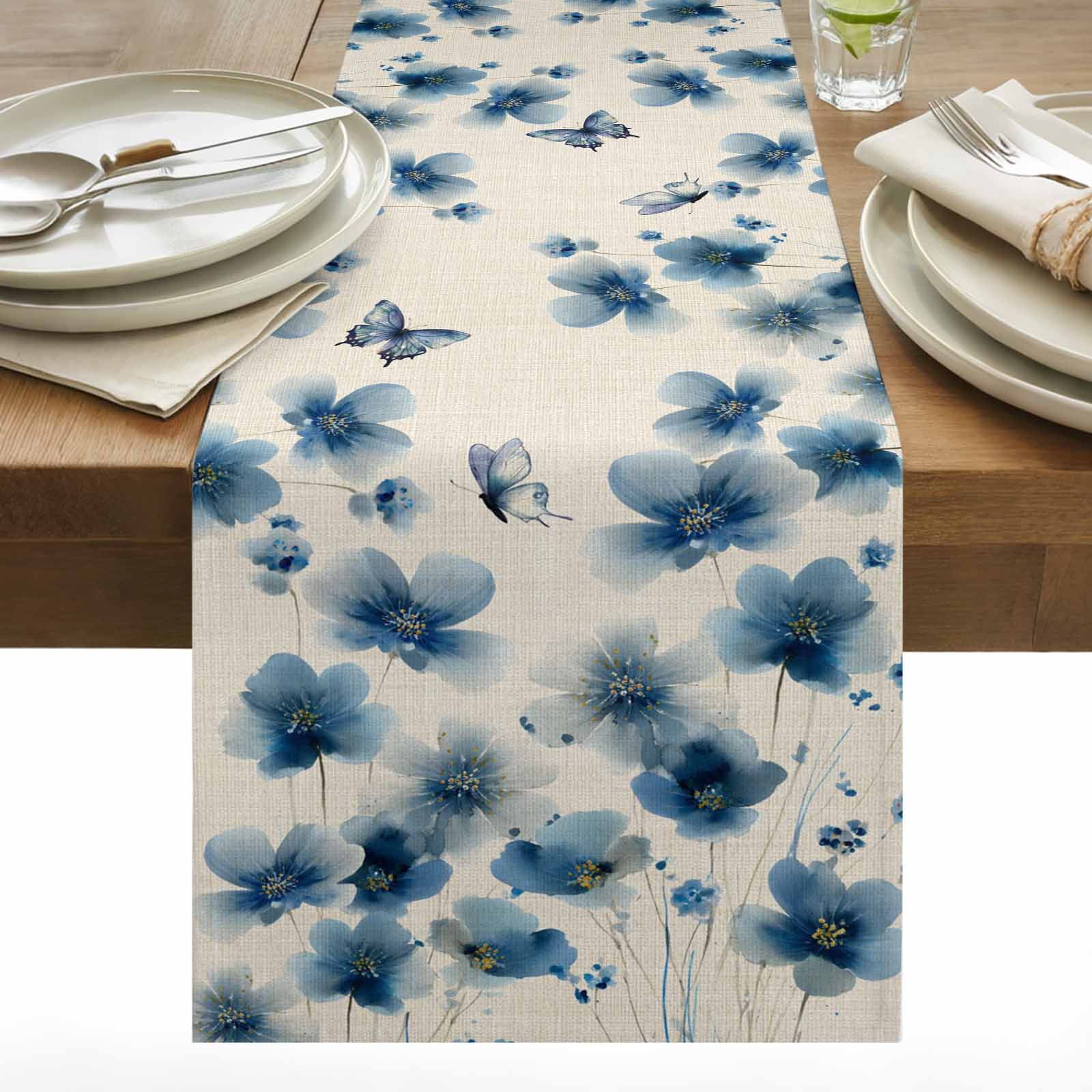 Blue Flower Cotton Linen Table Runner Watercolor Spring Blue Floral ...