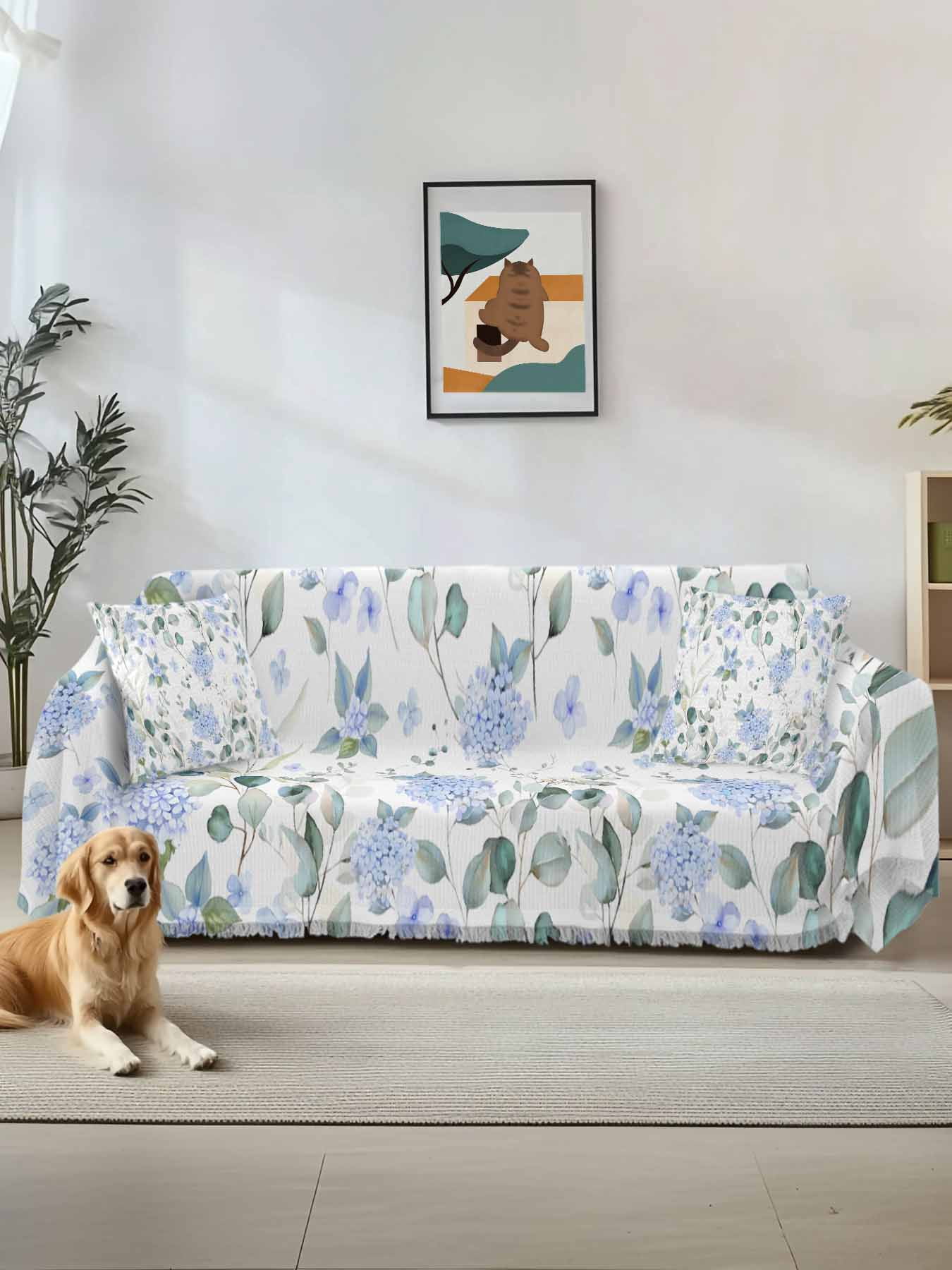 Blue Flower Couch Cover, Sage Green Eucalyptus Leaf Farmhouse Country ...