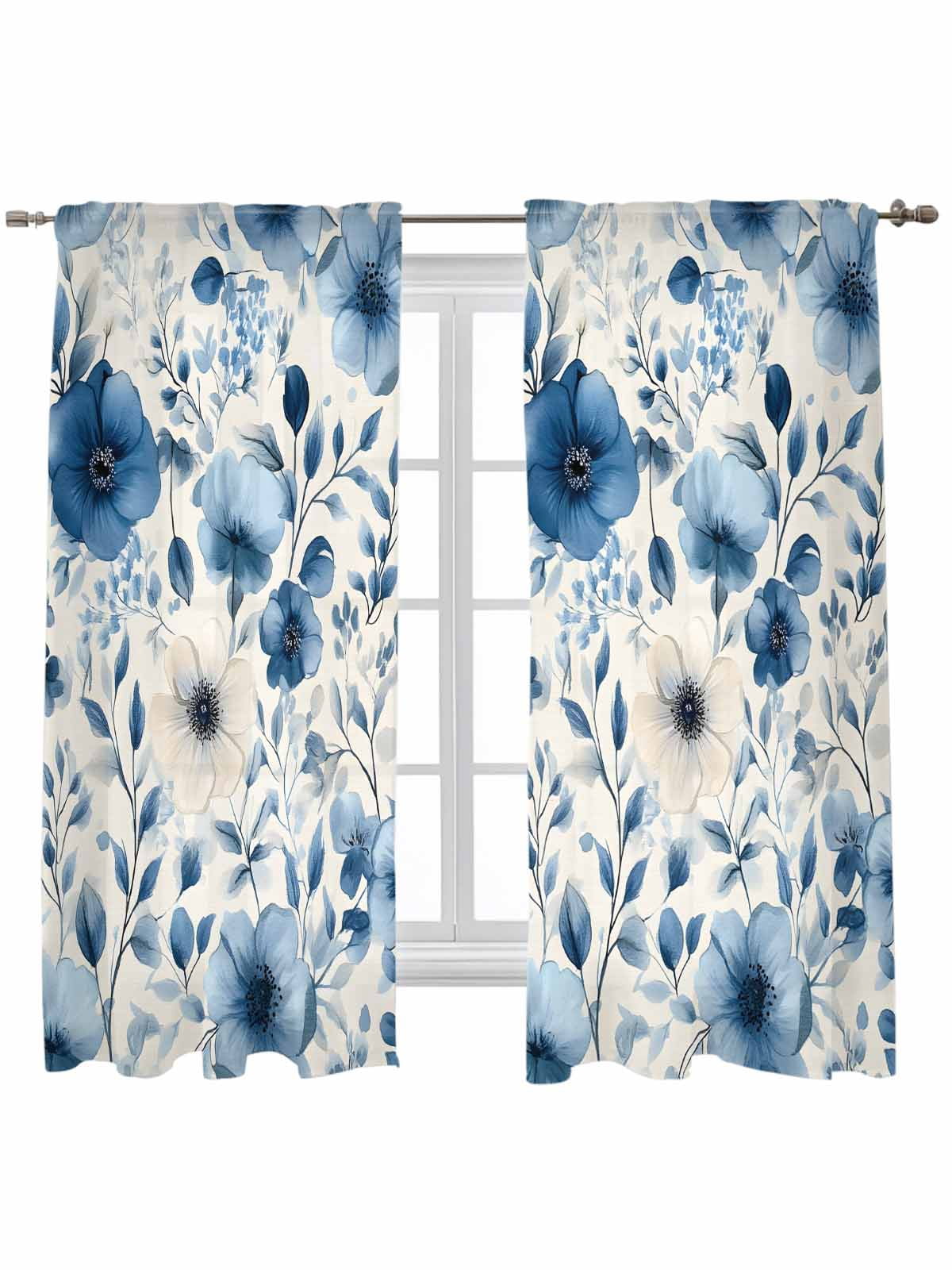 Blue Flower Curtains 72 Inch Length, Sheer Curtains for Bedroom Living ...
