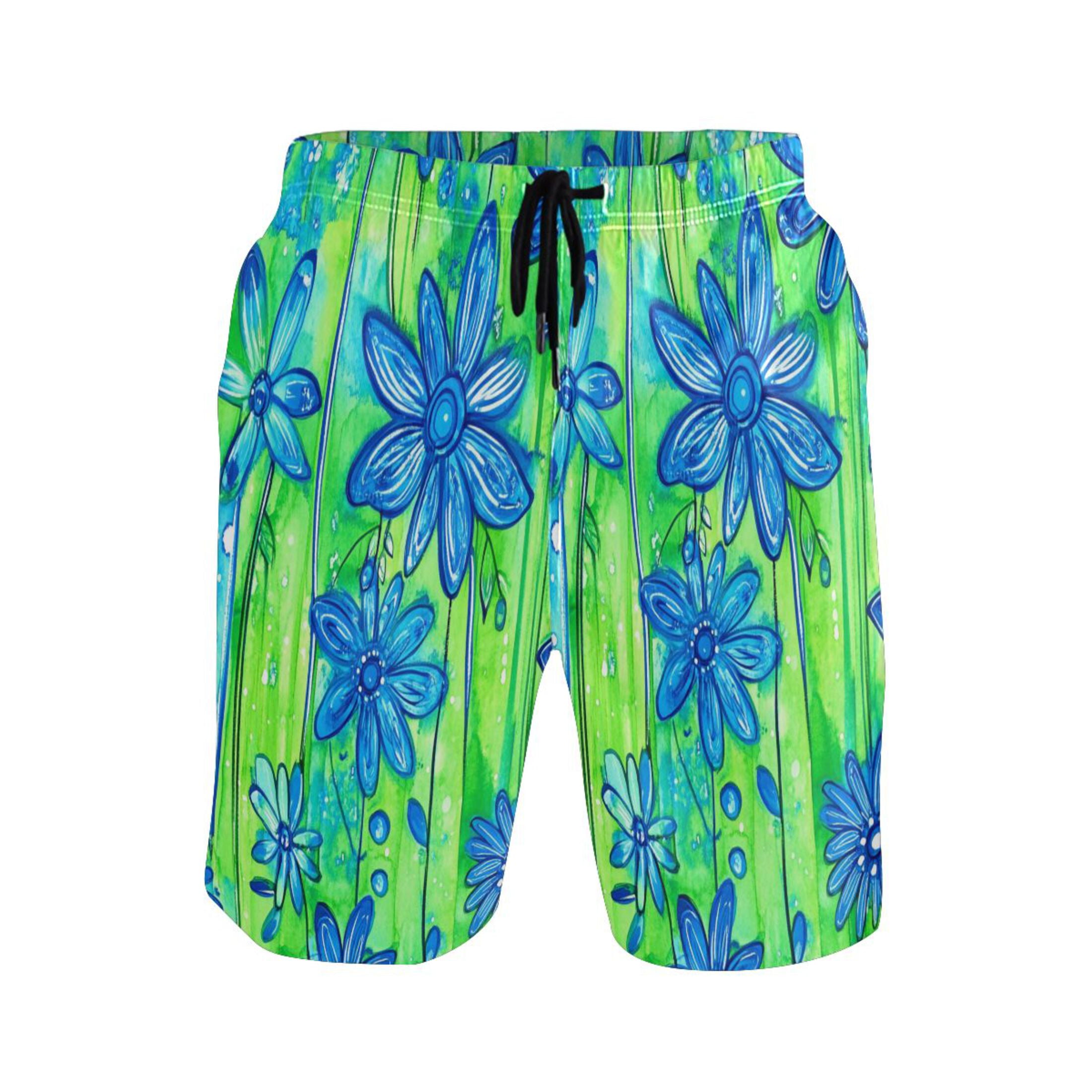 Blue Flower Delight Large Size Men's Lightweight Beach Shorts with Mesh ...