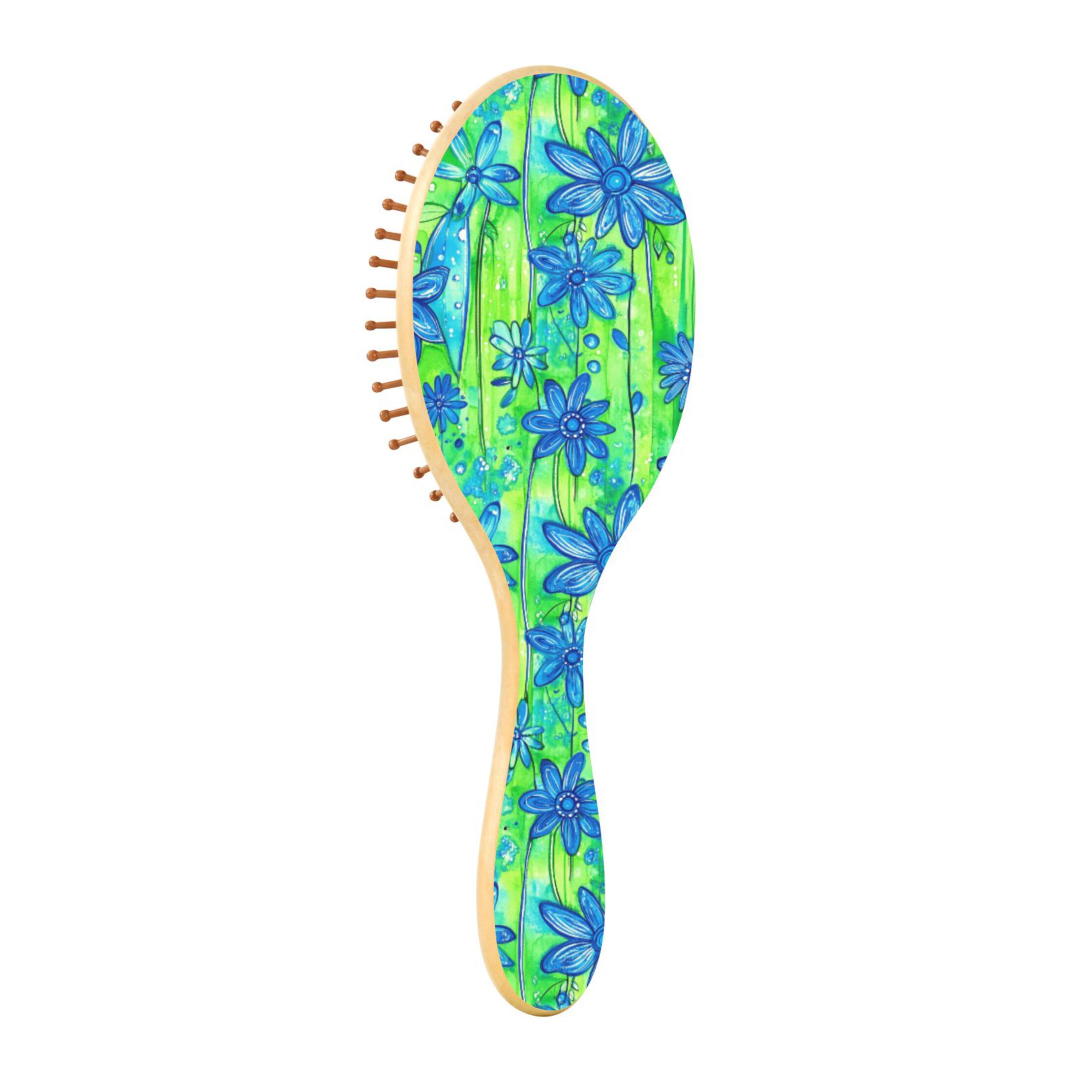 Blue Flower Delight Natural Wooden Hair Brush with Cushion for Gentle ...