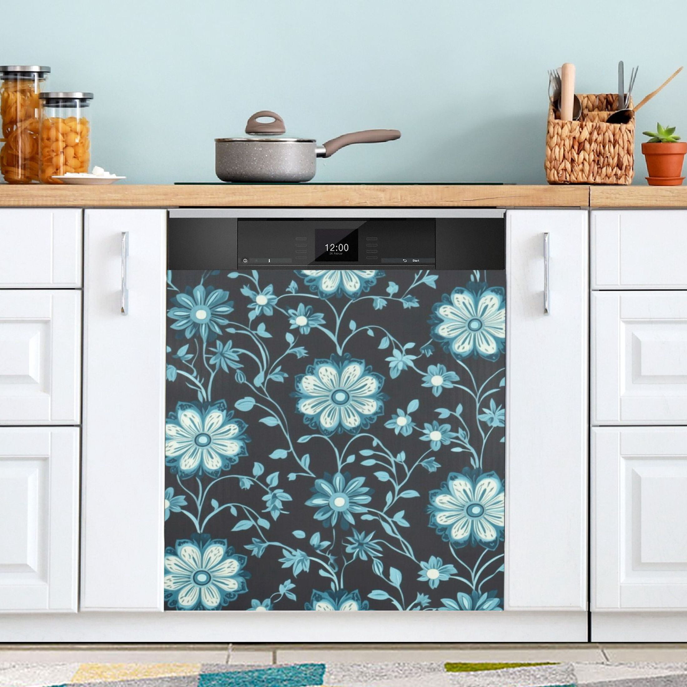 Blue Flower Dishwasher Magnet Cover Reuseable Refrigerator Magnet Cover ...