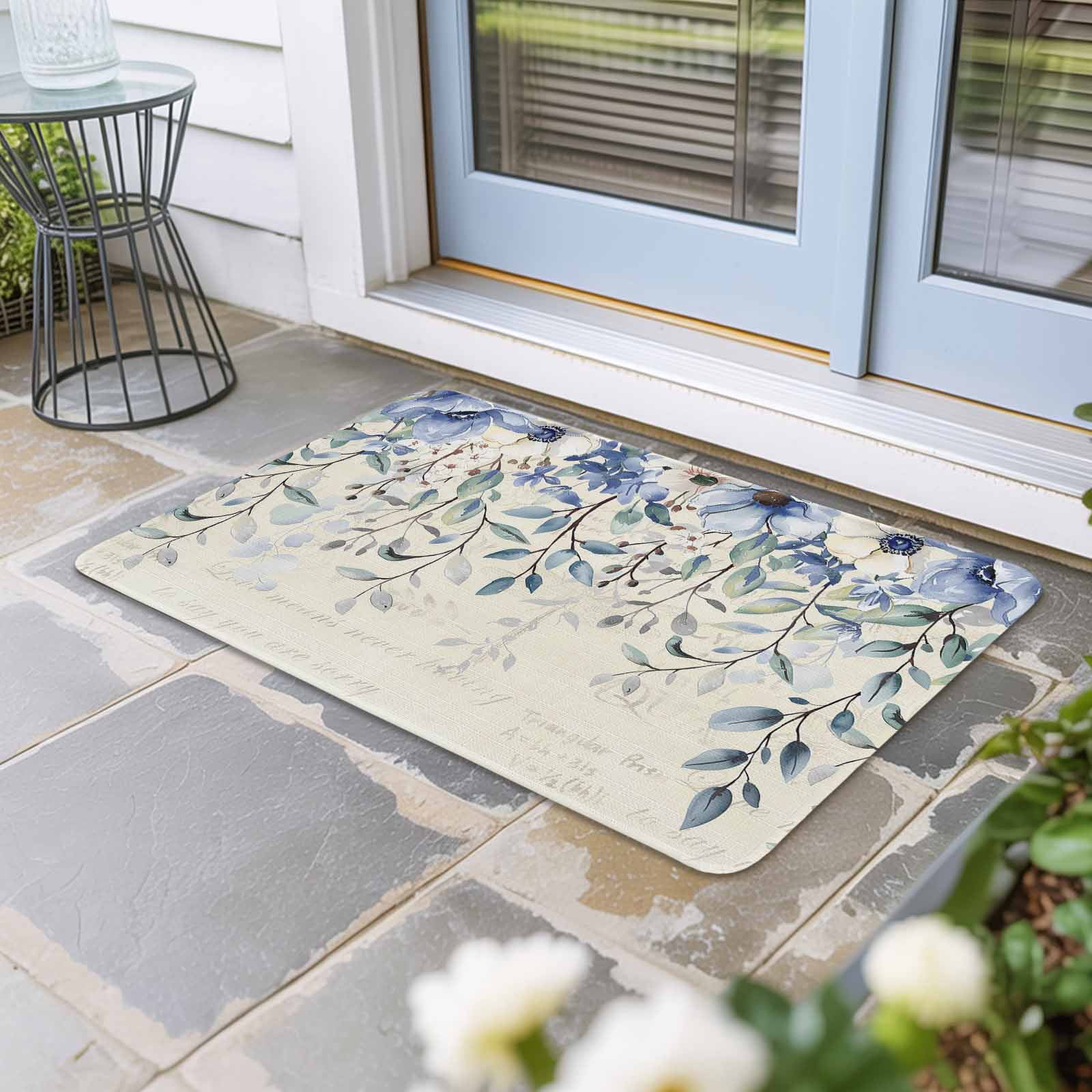Blue Flower Door Mat Indoor Outdoor, Farmhouse Eucalyptus Retro Country ...