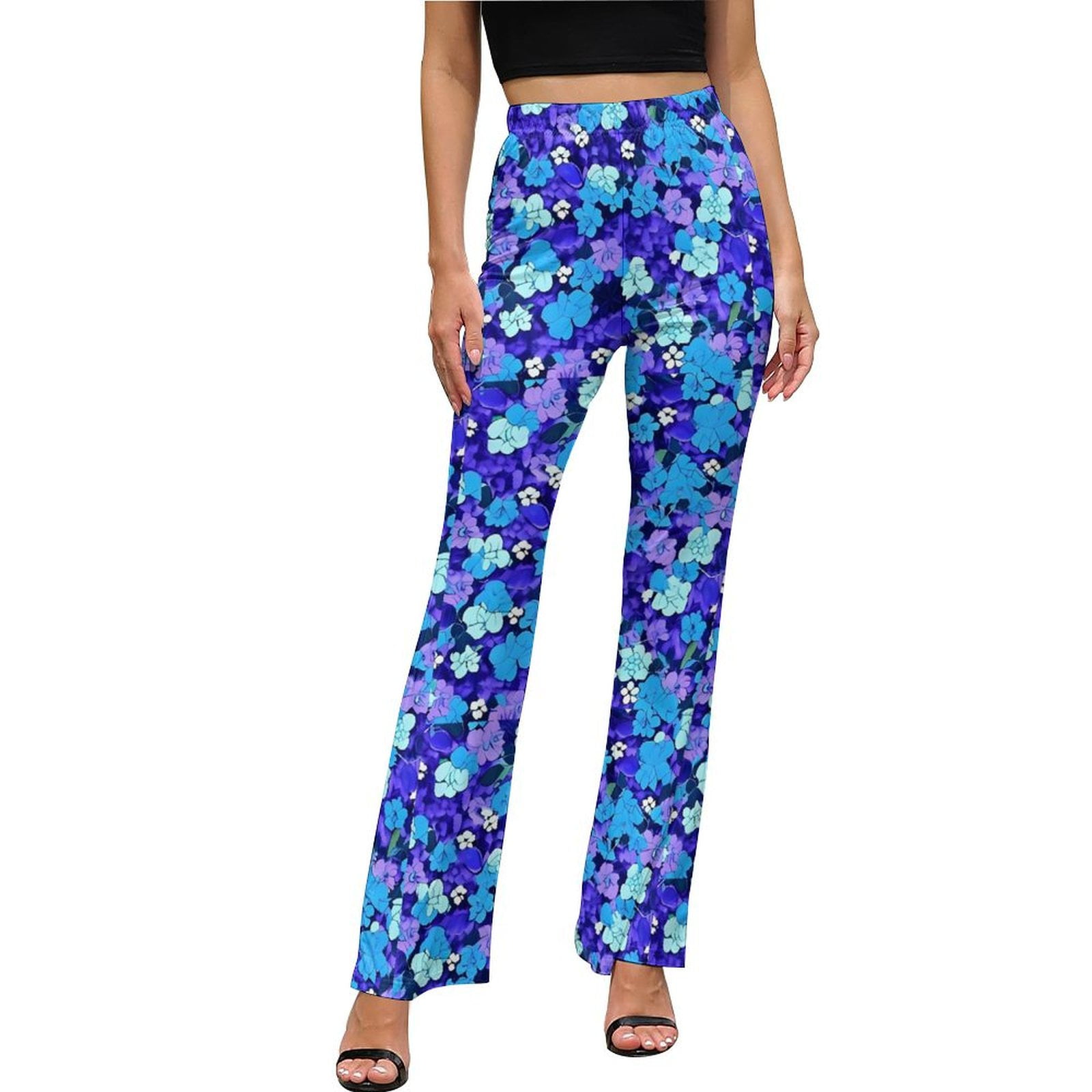 Blue Flower Dots Casual Pants Female Retro Floral Slim Aesthetic Flared ...