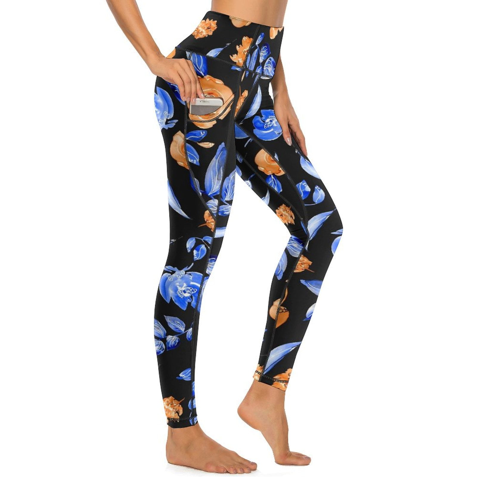 Blue Flower Dots Leggings Sexy Retro Floral Workout Yoga Pants High Waist Stretch Sport Legging ...