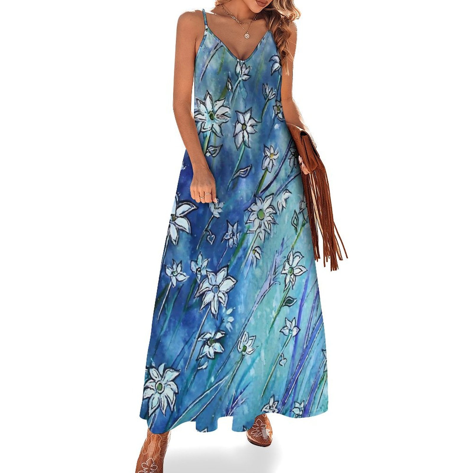 Blue Flower Dress Floral Print Korean Fashion V Neck Bohemia Long ...