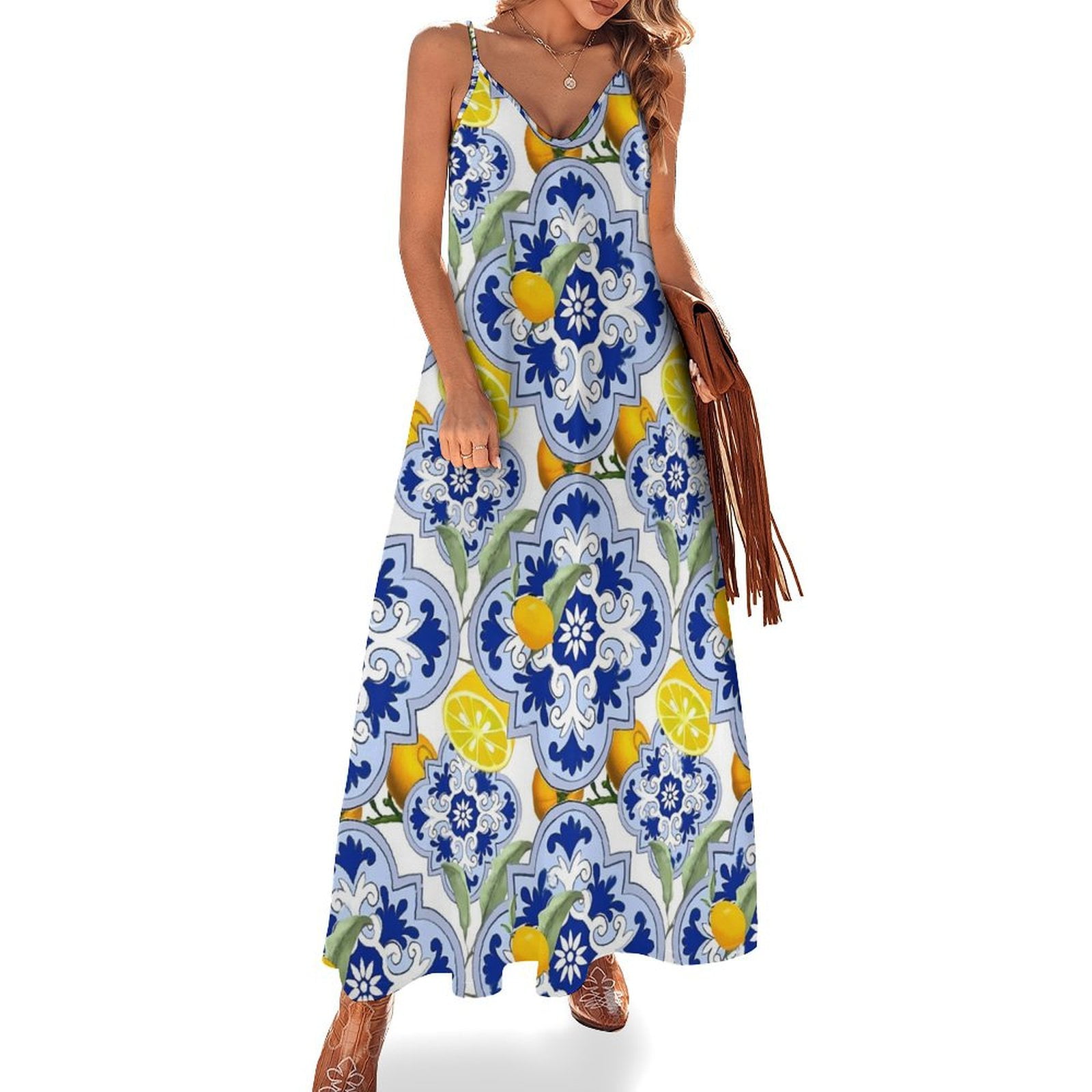 Blue Flower Dress Floral Print Korean Fashion V Neck Bohemia Long ...
