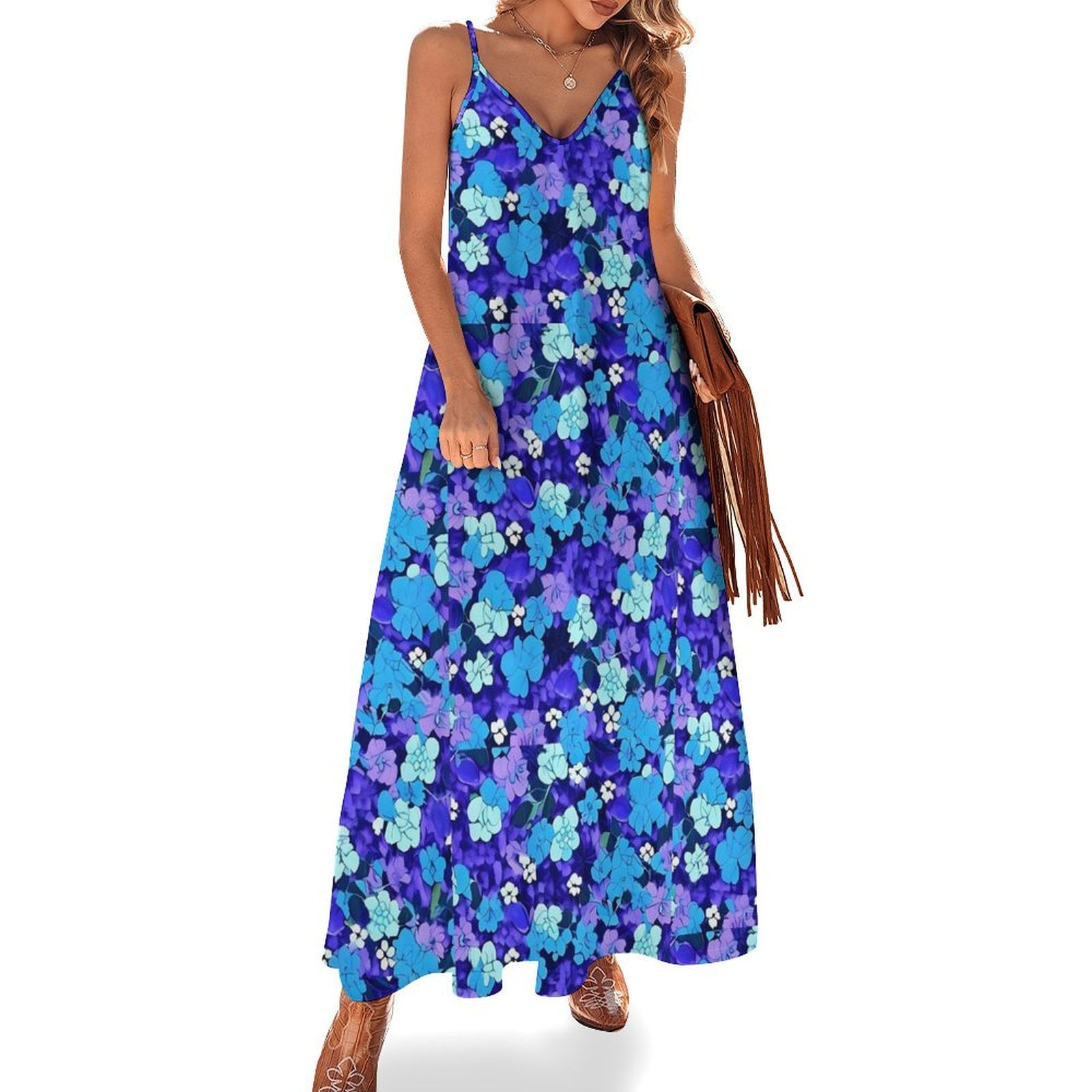 Blue Flower Dress Floral Print Korean Fashion V Neck Bohemia Long ...
