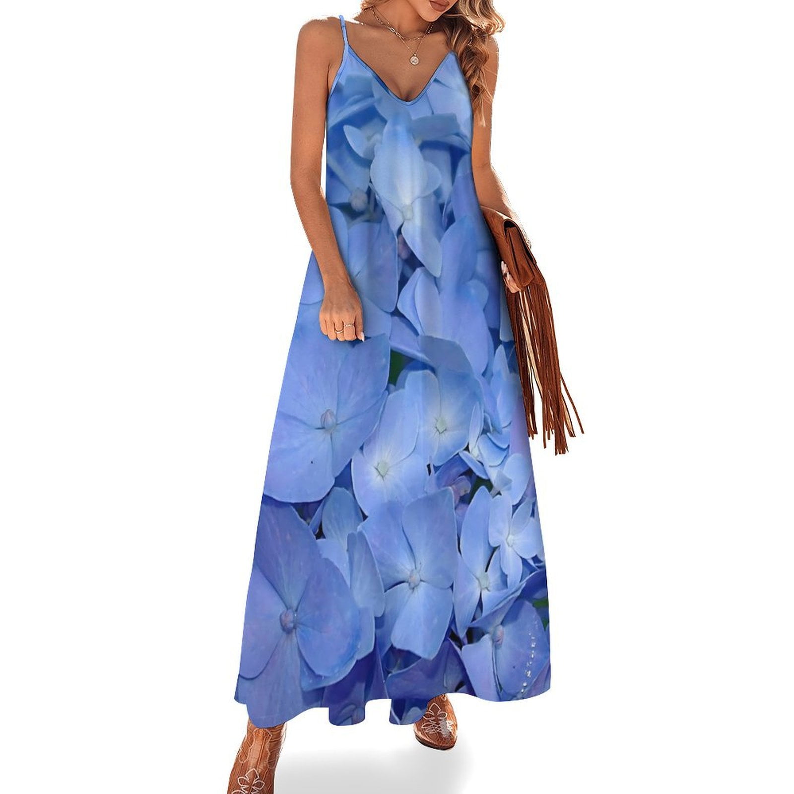 Blue Flower Dress Floral Print Korean Fashion V Neck Bohemia Long ...