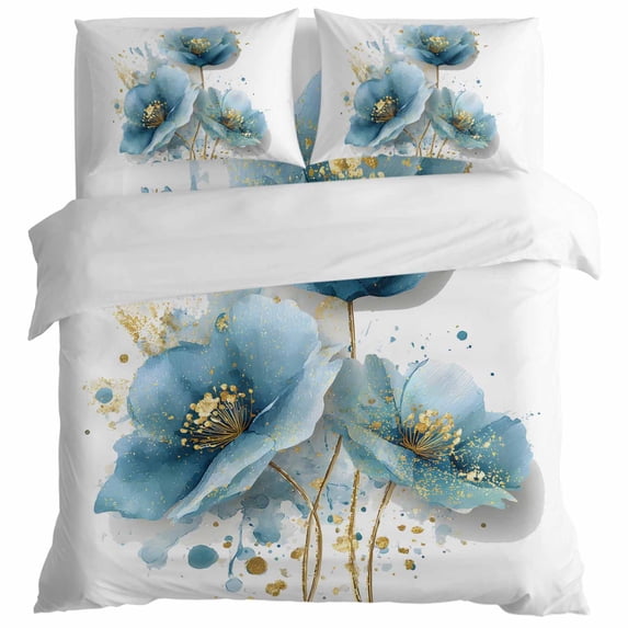 Blue Flower Duvet Cover Set King Size, Watercolor Floral Abstract ...