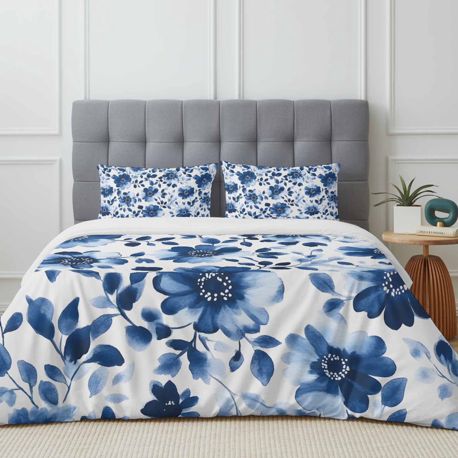 Blue Flower Duvet Cover Set Queen Size, Vintage Watercolor Spring 4 ...