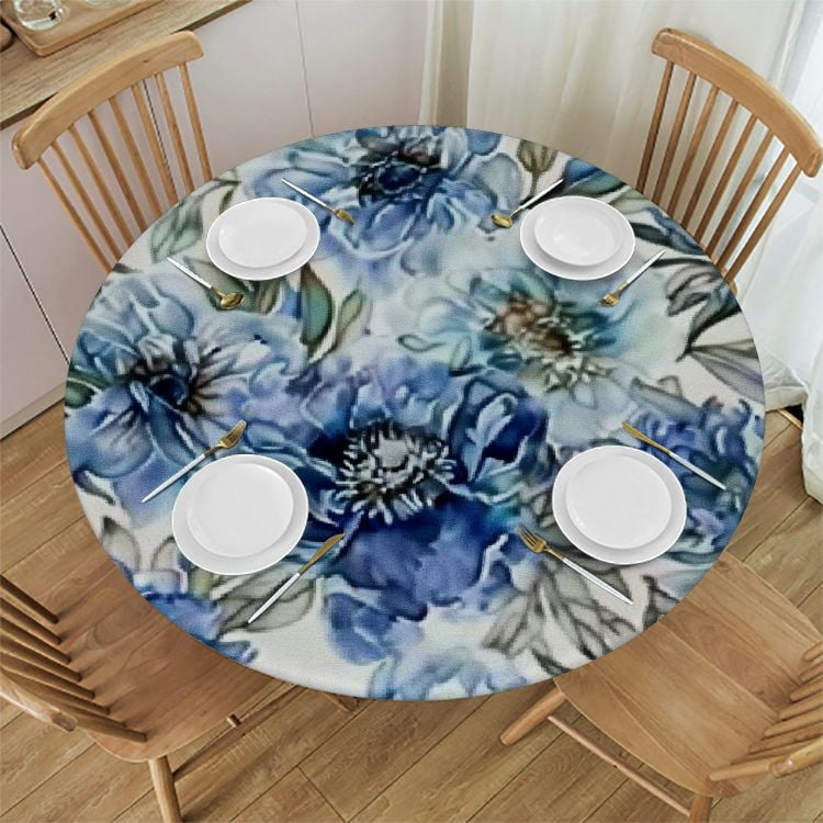 Blue Flower Elastic Round Tablecloth, Farmhouse Style Fitted ...