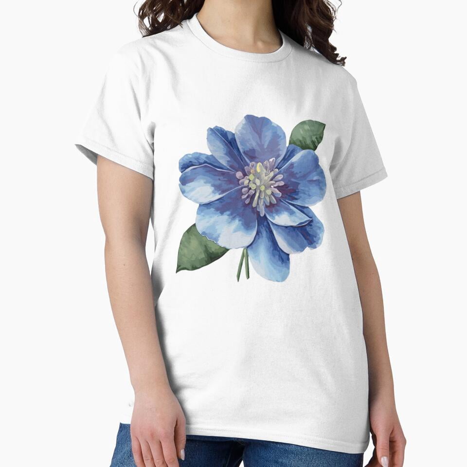 Blue Flower Elegant Watercolor Minimalist Botanical Blossom Aesthetic T ...
