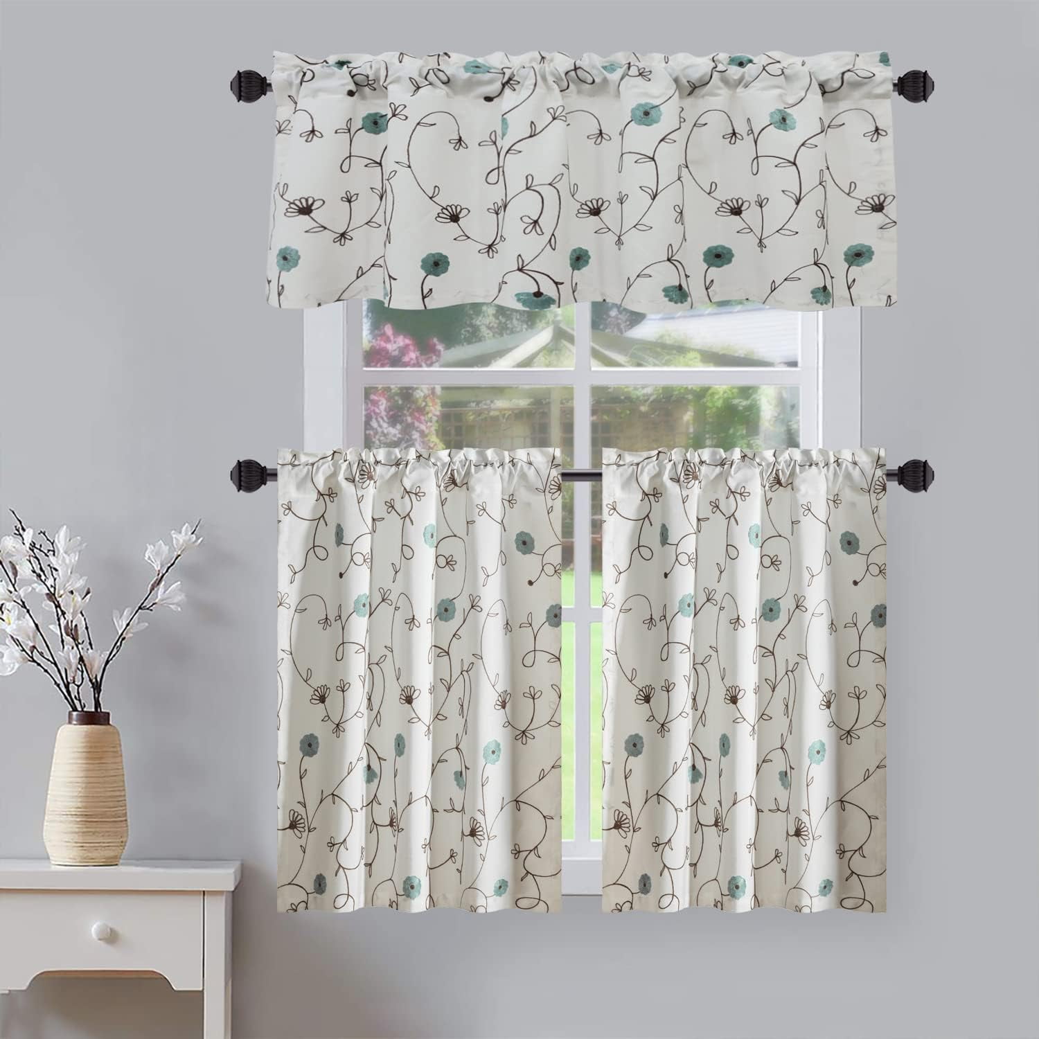 Blue Flower Embroidery Kitchen Curtain Tier and Valance Set Decorative ...