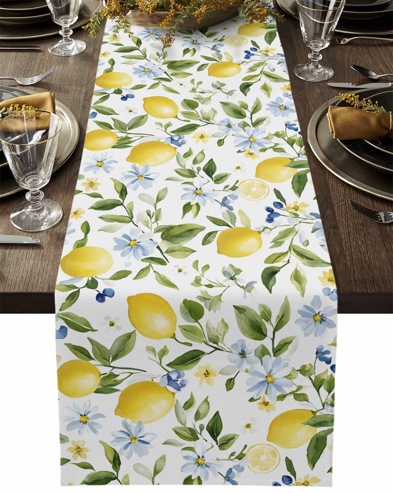 Blue Flower Farmhouse Lemon Table Runners 13x36 Inches Long Linen ...