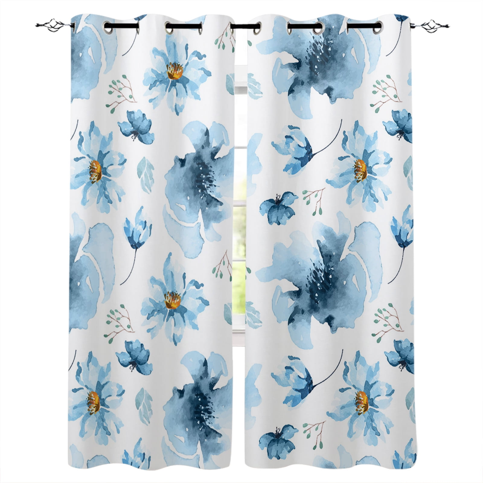 Blue Flower Farmhouse Village Bedroom Modern Living Room Kitchen Drapes ...