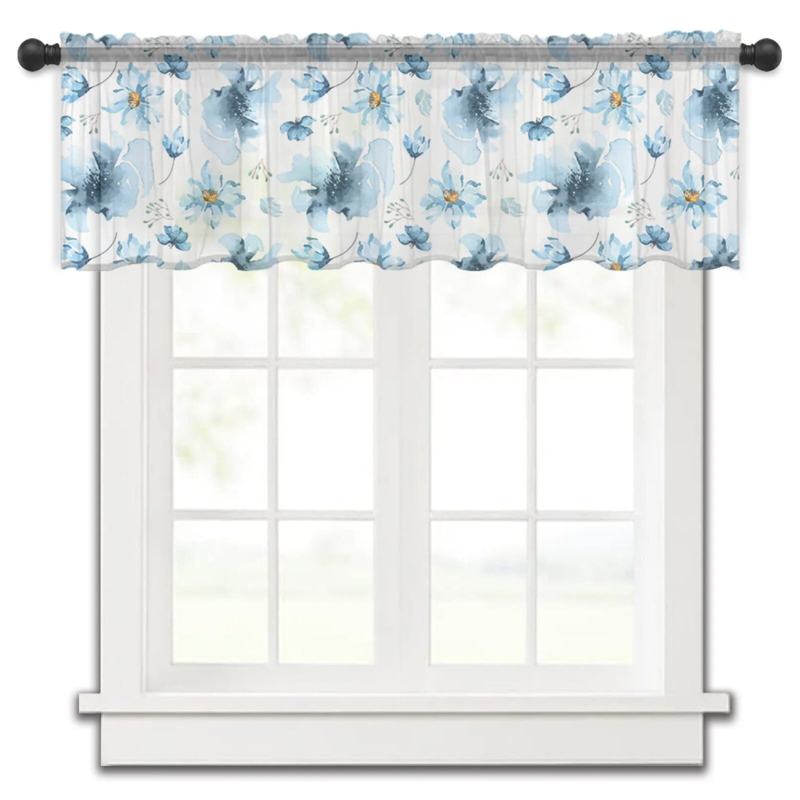 Blue Flower Farmhouse Village Small Window Curtain Valance Sheer Short ...
