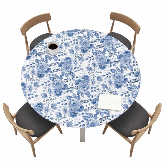 Blue Flower Fitted Tablecloth with Elastic Edged, Round Table Cloth for ...